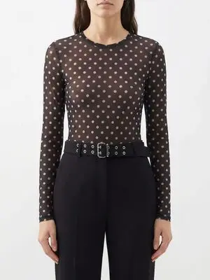 GANNI Polka Dot Mesh Long Sleeve Top - Black