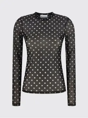 GANNI Polka Dot Mesh Long Sleeve Top - Black