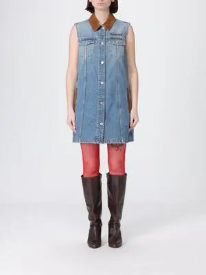 Versace Shirt Dress With Lambskin Leather Trim - Blue
