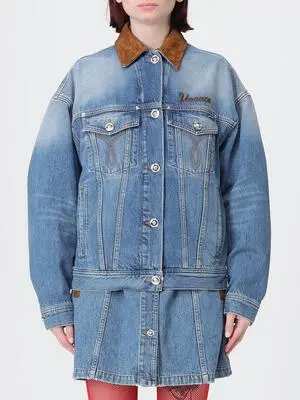 Versace Denim Jacket With Embroidered Logo And Velvet Collar - Blue