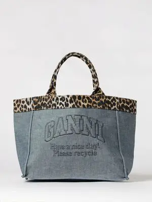 GANNI Ganni Cotton Denim Tote Bag With Animal Print Trims Blue