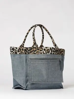 GANNI Cotton Denim Tote Bag With Animal Print Trims - Blue