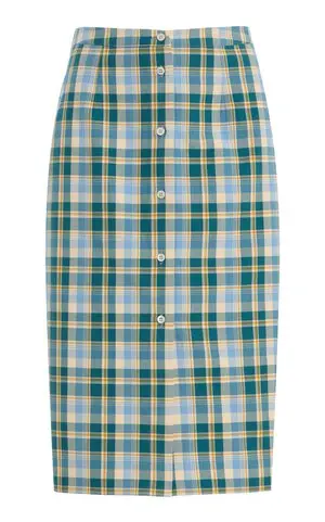Prada Checked Cotton Midi Skirt - Green