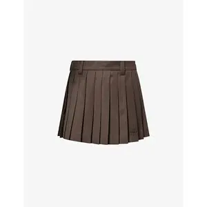 Miu Miu Logo-embroidered Pleated Wool Mini Skirt - Cacao