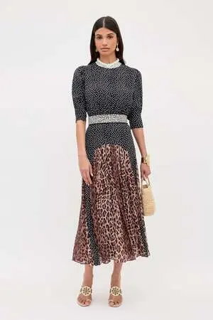 Rixo Meg Leopard Polka Dot Godet-skirt Dress Regular - Black