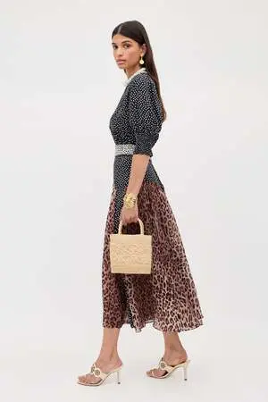 Rixo Meg Leopard Polka Dot Godet-skirt Dress