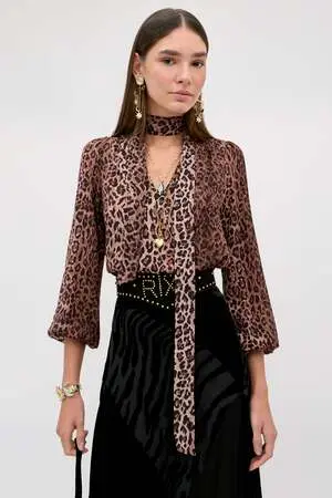 Rixo Moss Leopard Silk Blouse - Brown