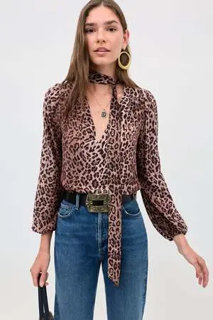 Rixo Moss Leopard Silk Blouse - Brown