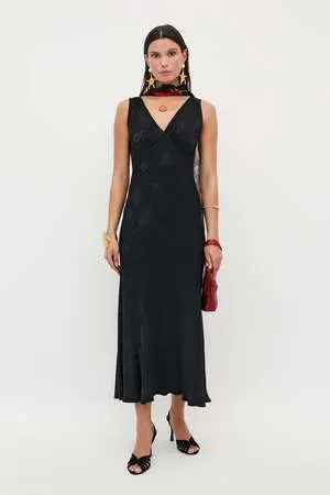 Rixo Sandrine Poppy Jacquard V-neck Midi Dress - Black