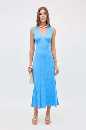 Rixo Sandrine Daisy Jacquard V-neck Midi Dress - Blue