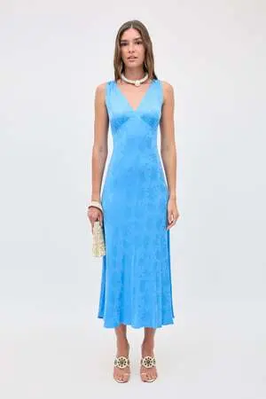 Rixo Sandrine Daisy Jacquard V-neck Midi Dress - Blue