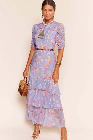 Rixo Evelyn Waterblossom Provence Ruffled Midi Dress Regular - Blue