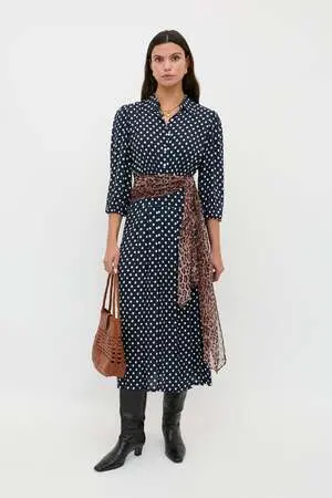 Rixo Izzy Runway Spot Pleated Shirtdress Regular - Navy