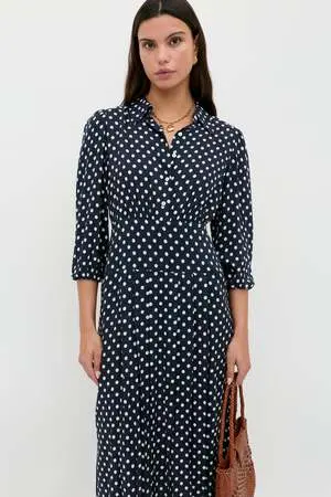 Rixo Izzy Runway Spot Pleated Shirtdress - Navy