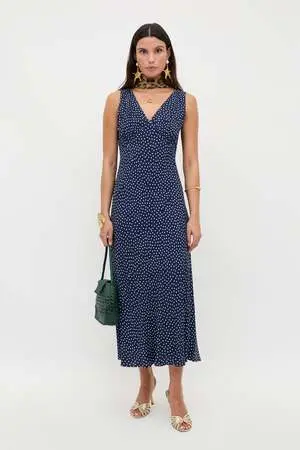 Rixo Sandrine Mini Dot V-neck Midi Dress Regular - Navy