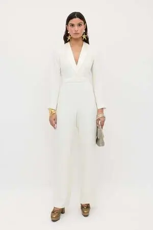 Rixo Emilia Silk Tuxedo Jumpsuit - Ivory