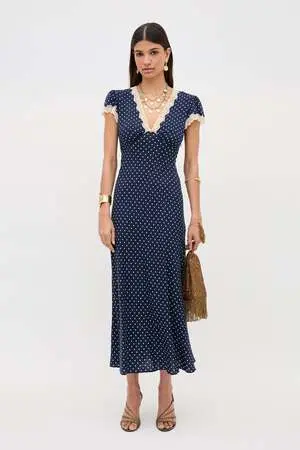 Rixo Clarice Polka Dot Lace V-neck Dress Regular - Navy