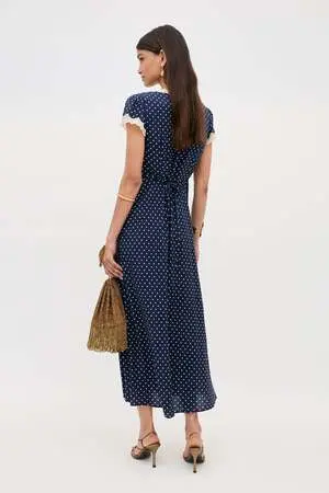Rixo Clarice Polka Dot Lace V-neck Dress - Navy