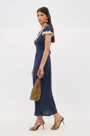 Rixo Clarice Polka Dot Lace V-neck Dress - Navy