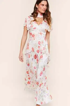 Rixo Evie Waterblossom Ivory Frilled Midi Dress Regular - White