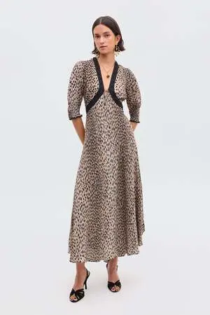 Rixo Amina Antelope Spot Black Viscose Midi Dress Regular - Brown