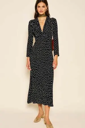 Rixo Lynne London Spot Viscose Midi Dress Petite - Black