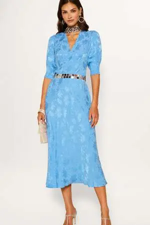 Rixo Zadie Daisy Jacquard V-neck Midi Dress Regular - Blue