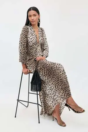 Rixo Emory Antelope Spot Print Silk Midi Dress - Brown