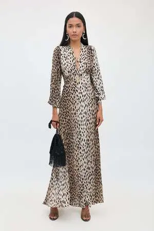 Rixo Emory Antelope Spot Print Silk Midi Dress