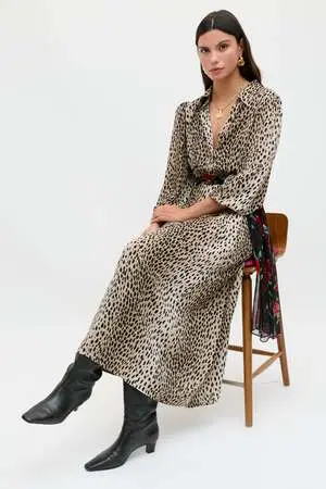 Rixo Izzy Antelope Spot Black Viscose Midi Dress Regular - Brown