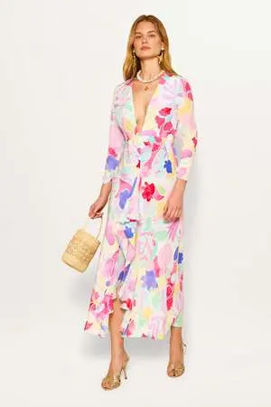 Rixo Rose Abstract Tulip Ivory Silk Midi Dress Regular - Multi