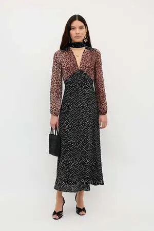 Rixo Kaila Leopard Spot Silk Midi Dress Regular - Brown