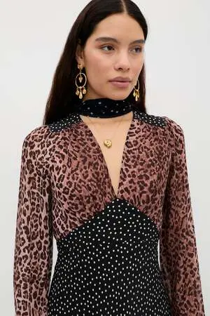 Rixo Kaila Leopard Spot Silk Midi Dress
