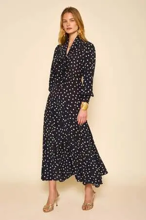 Rixo Marigold Bohemia Spot Deep Silk Midi Dress Regular - Navy