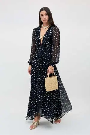 Rixo Meera Bohemia Spot Deep Viscose Midi Dress Regular - Navy