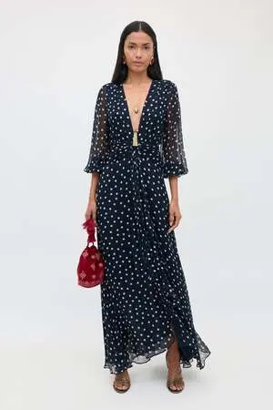 Rixo Meera Bohemia Spot Viscose Midi Dress - Navy