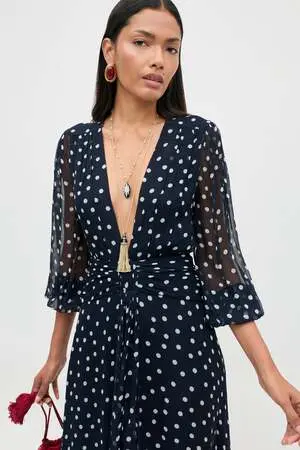 Rixo Meera Bohemia Spot Viscose Midi Dress - Navy