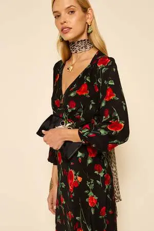 Rixo Mavis Claudia Rose Silk Midi Dress Regular - Black