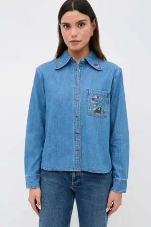 Rixo Edaline Sadie Embroidery Light Vintage Regular - Blue