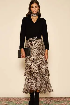 Rixo Preslee Antelope Spot Viscose Midi Skirt