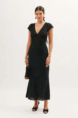 Rixo Iggy Rose Trail Embroidered Dress