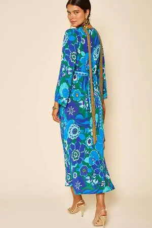 Rixo Tania Miami Floral Emerald Midi Dress - Blue