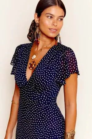 Rixo Florida Mini Dot V-neck Midi Dress Regular