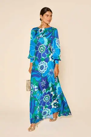 Rixo Marni Miami Floral Emerald Open-back Satin Gown Regular - Blue