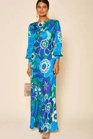 Rixo Floral Satin Open-back Gown - Blue