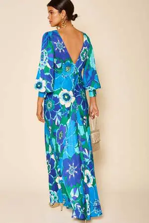 Rixo Floral Satin Open-back Gown - Blue