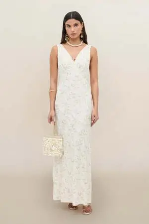 Rixo Botanical Embroidered Regular Fawn Dress - Ivory