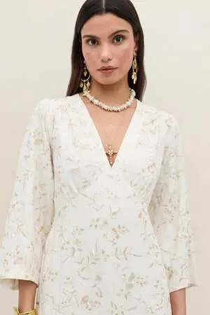 Rixo Dahlia Botanical Embroidery Pearl Dress - Ivory