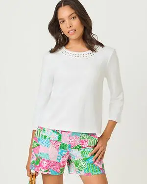 LILLY PULITZER Clairmont 3/4 Sleeve Lace Trimmed Knit Top - Resort White