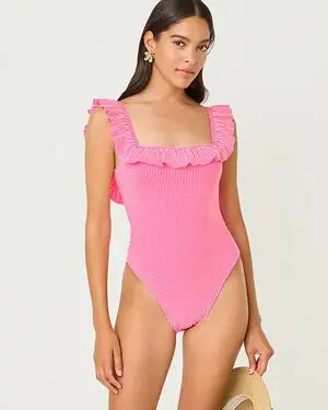 LILLY PULITZER Aemma Ruffle One-piece Swimsuit - Cherry Blossom Pink Seersucker Stripe